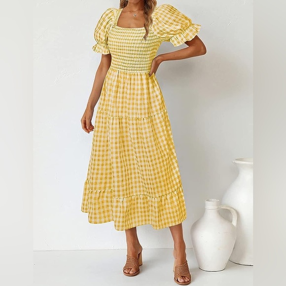 Merokeety | Dresses | Merokeety Womens Plaid Square Neck Ruffle Puff ...